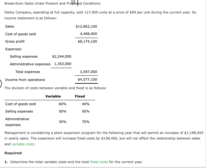 Solved Break-Even Sales Under Present and Proposed | Chegg.com
