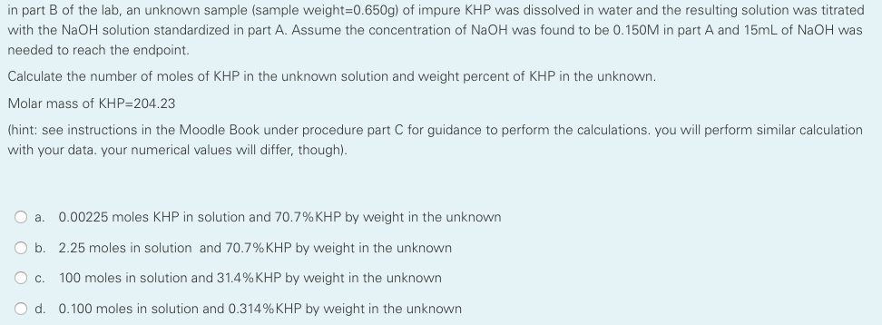 Solved in part B of the lab, an unknown sample (sample | Chegg.com