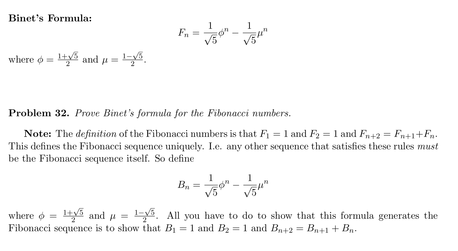 Solved Binet's Formula: where 0 = 1+v5 and u = 1.25 Problem | Chegg.com