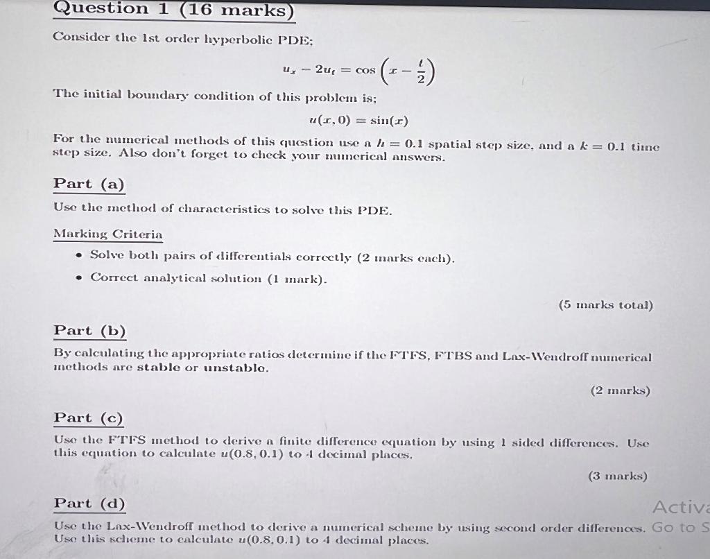 Consider the 1 st order hyperbolic PDE; | Chegg.com