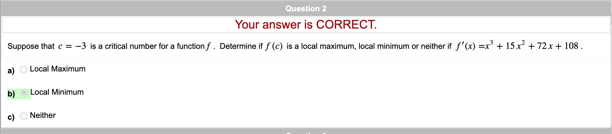 Solved Question 2 Your answer is CORRECT. Suppose that c = | Chegg.com