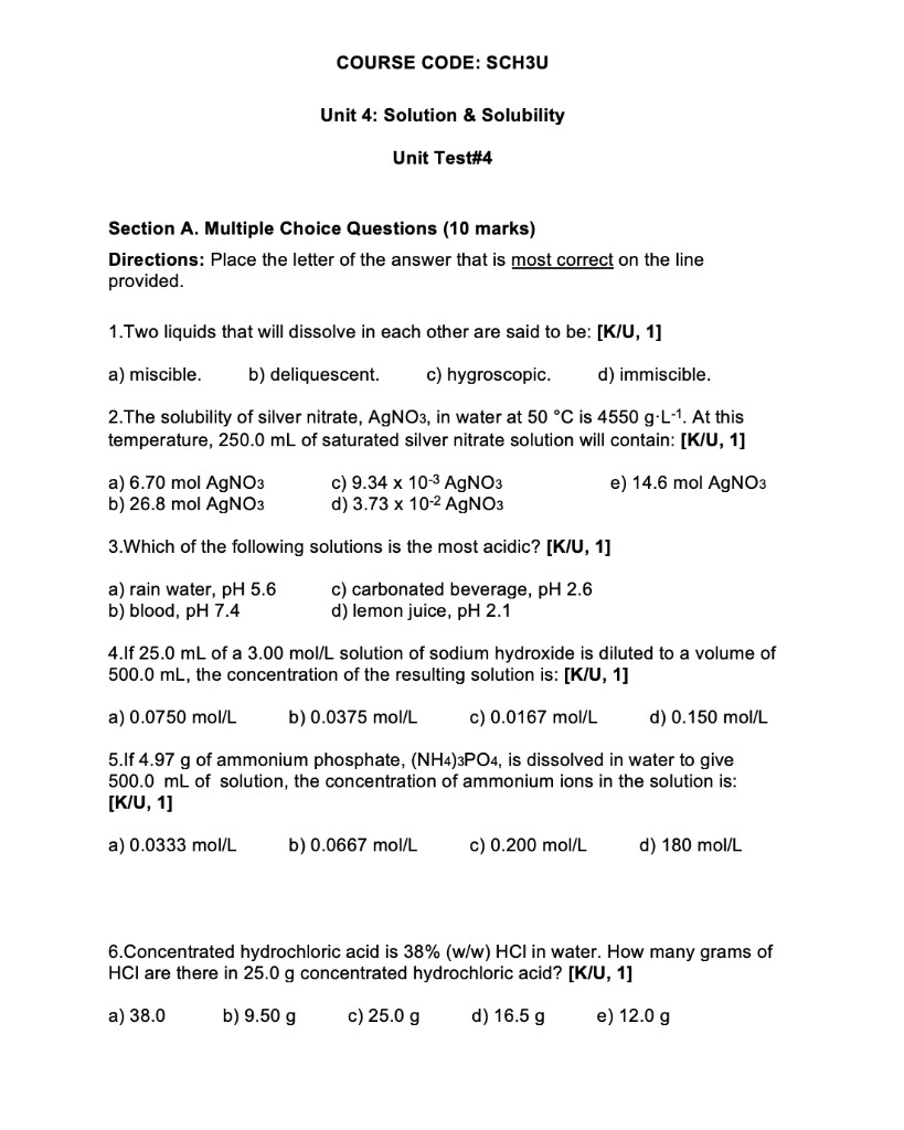Solved COURSE CODE: SCH3U Unit 4: Solution & Solubility Unit | Chegg.com