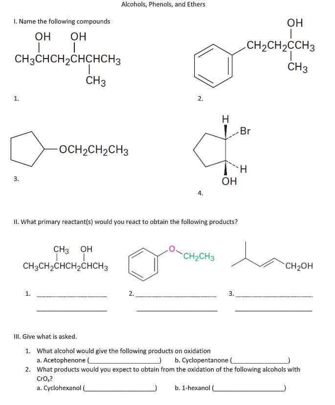 Solved Alcohols, Phenols, and Ethers 1. Name the following | Chegg.com