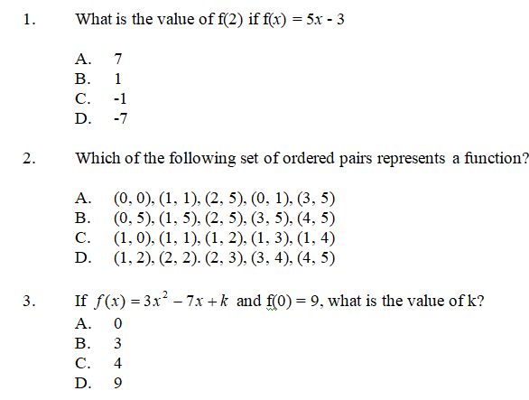Solved 1. What is the value of f(2) if f(x)=5x−3 A. 7 B. 1 | Chegg.com
