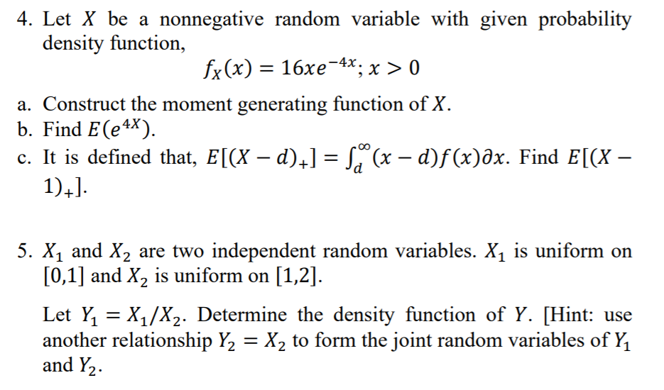 Solved 4. Let X be a nonnegative random variable with given | Chegg.com