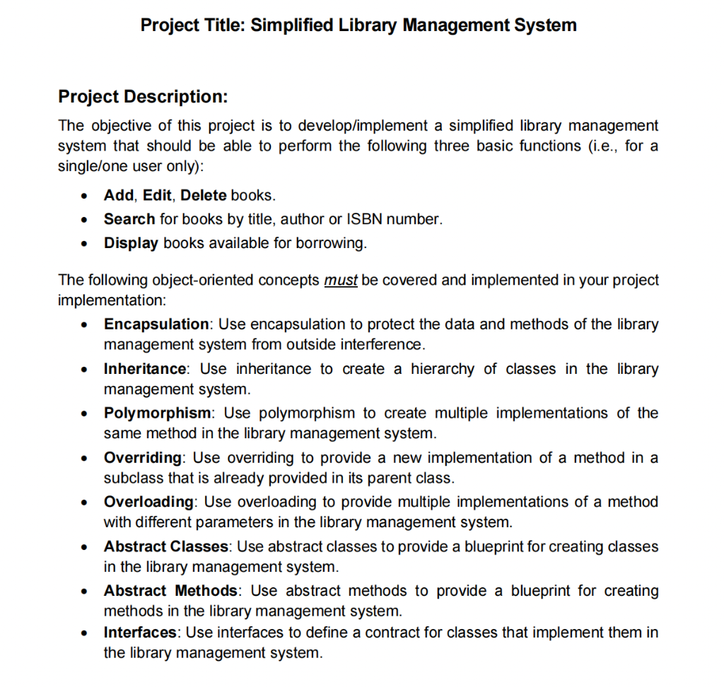 Solved Project Title: Simplified Library Management System | Chegg.com