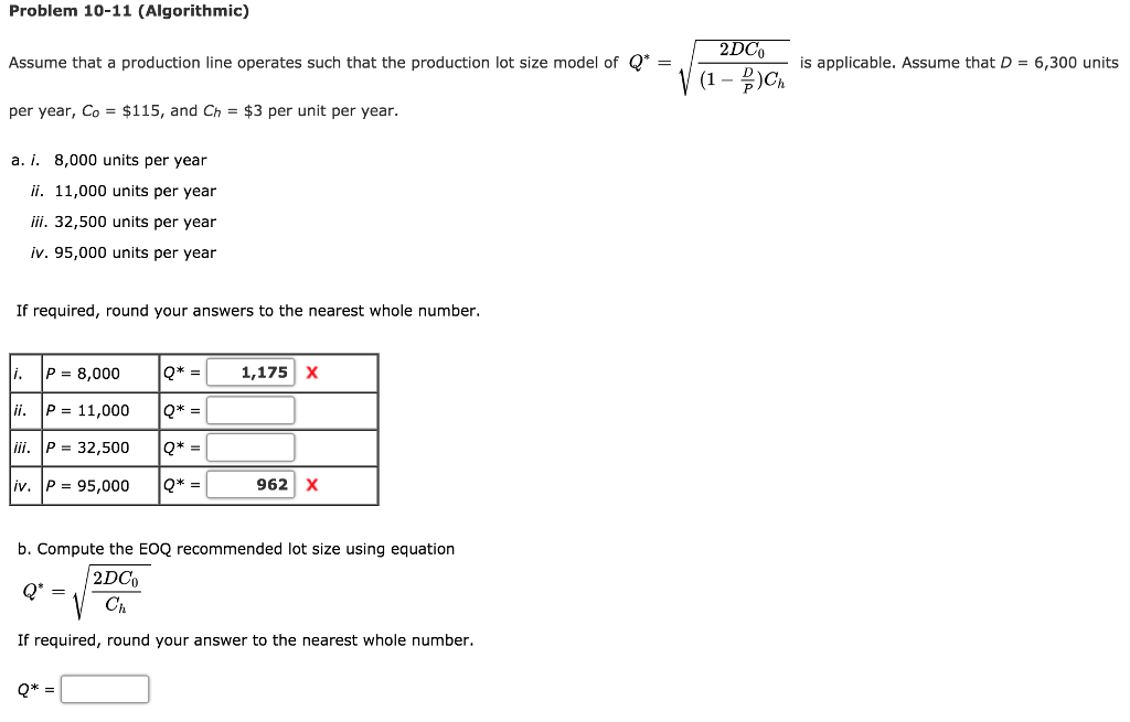 Solved Problem 10-11 (Algorithmic) Assume that a production | Chegg.com