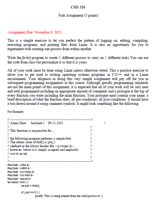 Solved CSIS 310 Fork Assignment (5 points) Assignment Due: | Chegg.com