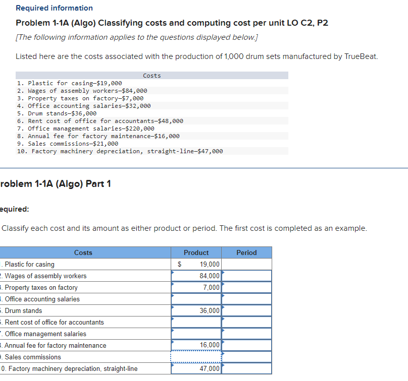 Solved Required information Problem 1-1A (Algo) Classifying | Chegg.com