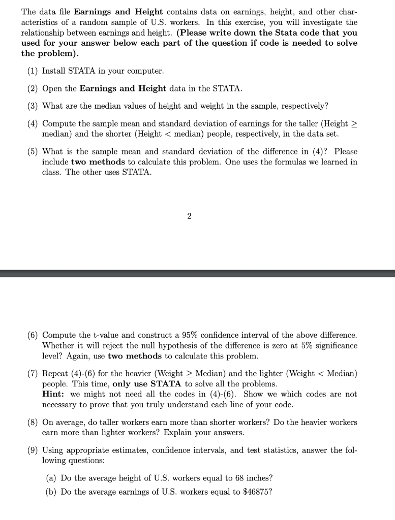 The data file Earnings and Height contains data on | Chegg.com