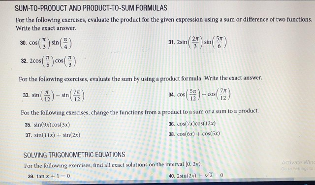 Solved Sum To Product And Product To Sum Formulas For The 7192