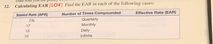 Solved 12. Calculating EAR [LO4] Find the EAR in each of the | Chegg.com