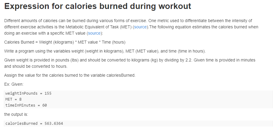 Solved Expression For Calories Burned During Workout 