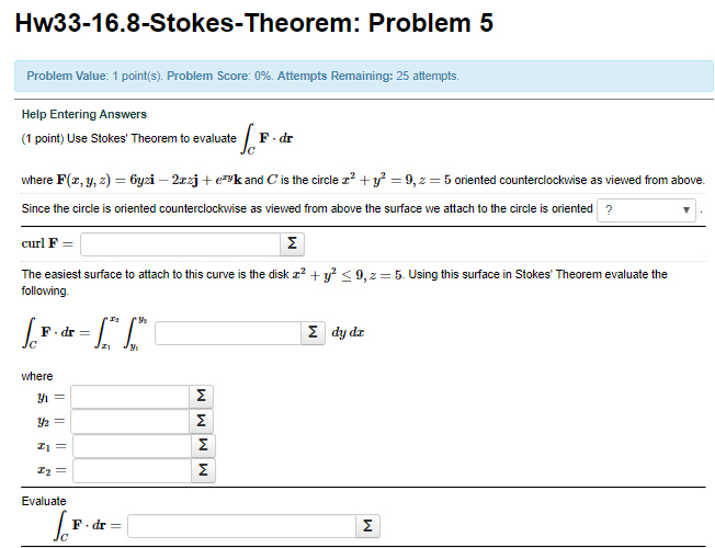 Solved Hw33-16.8-Stokes-Theorem: Problem 5 Problem Value: 1 | Chegg.com
