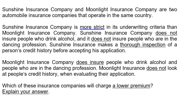 Solved Sunshine Insurance Company and Moonlight Insurance | Chegg.com