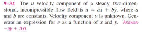 Solved 9-32 ﻿The u ﻿velocity component of a steady, | Chegg.com