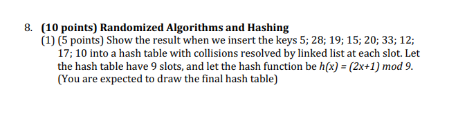 Solved 8. (10 points) Randomized Algorithms and Hashing (1) | Chegg.com
