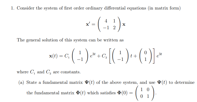 Solved 1. Consider the system of first order ordinary | Chegg.com