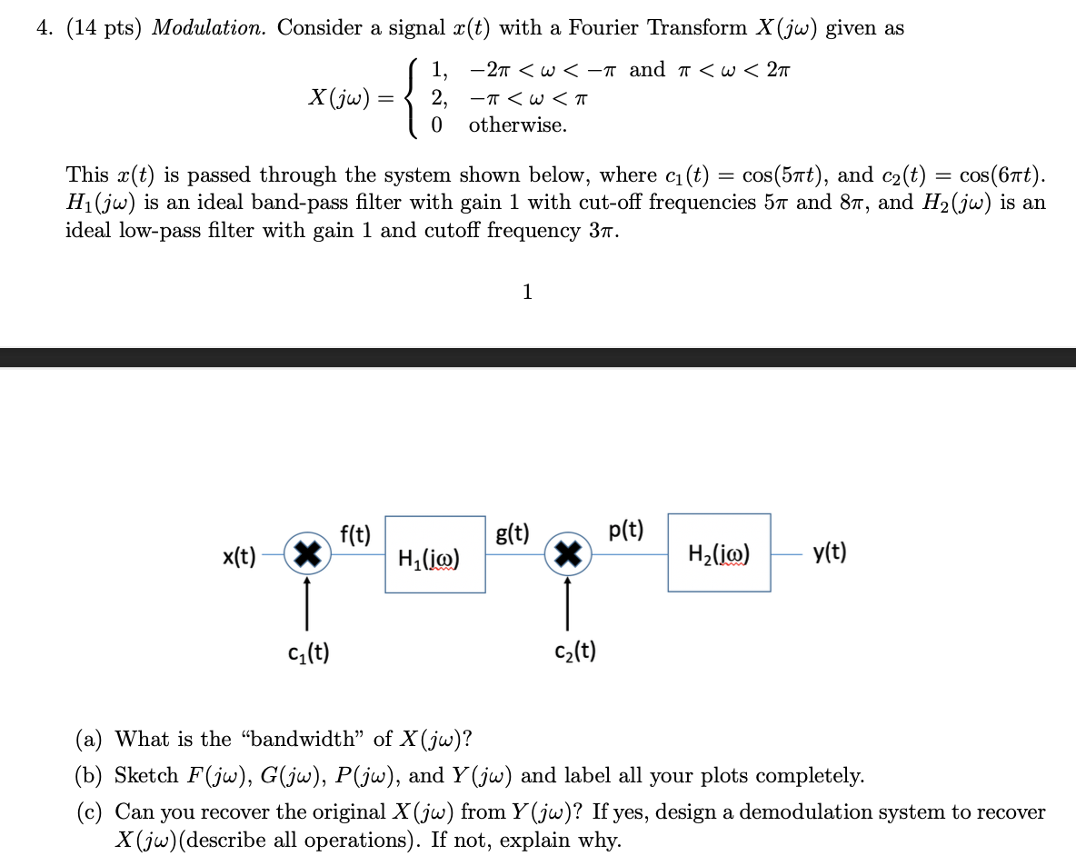 Solved 4. (14 pts) Modulation. Consider a signal x(t) with a | Chegg.com