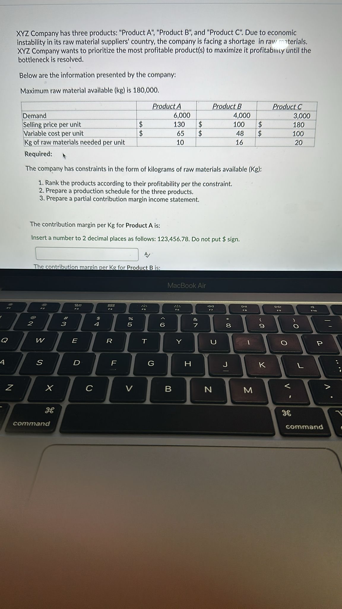 Solved XYZ Company has three products: "Product A", | Chegg.com