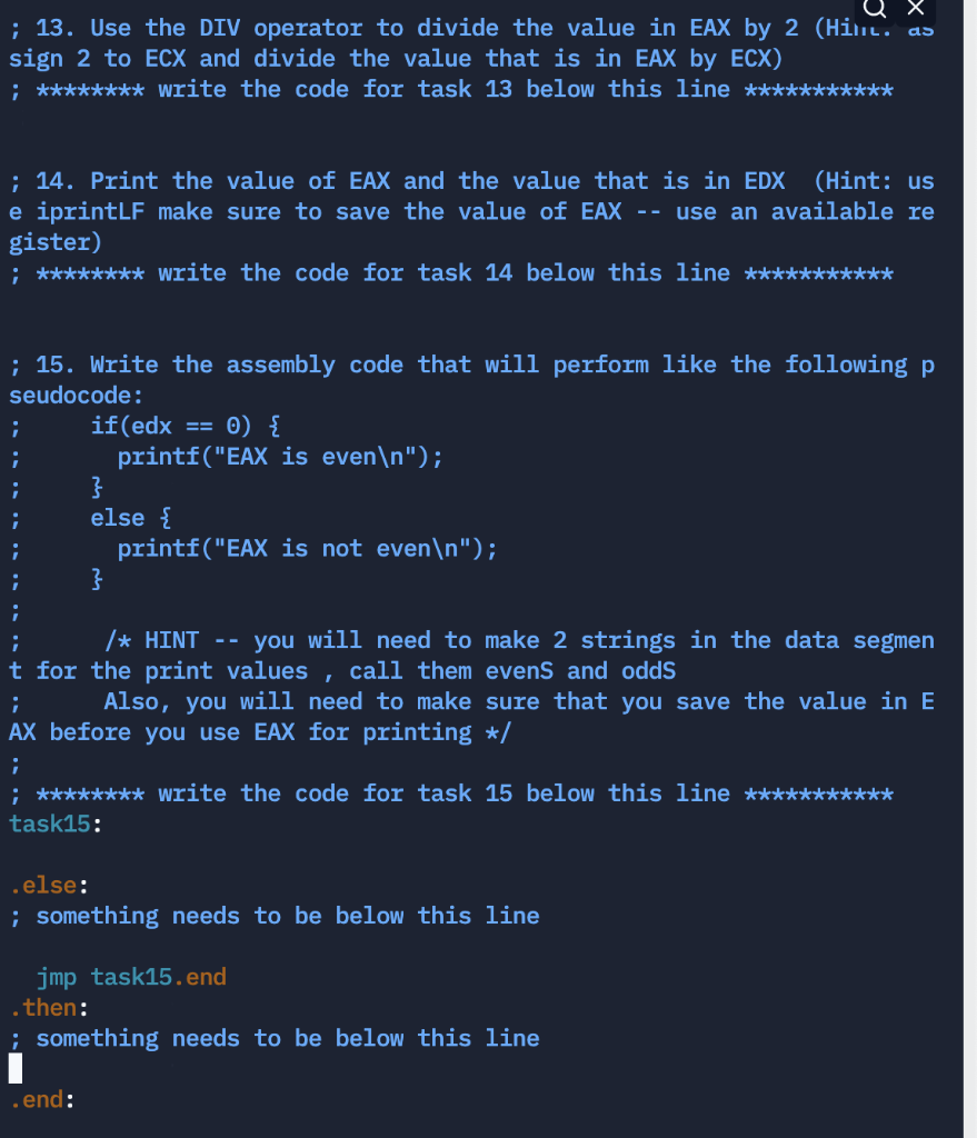 Solved ; 13. Use the DIV operator to divide the value in EAX | Chegg.com