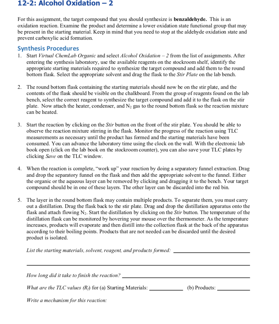 Solved 12-2: Alcohol Oxidation - 2 For this assignment, the | Chegg.com