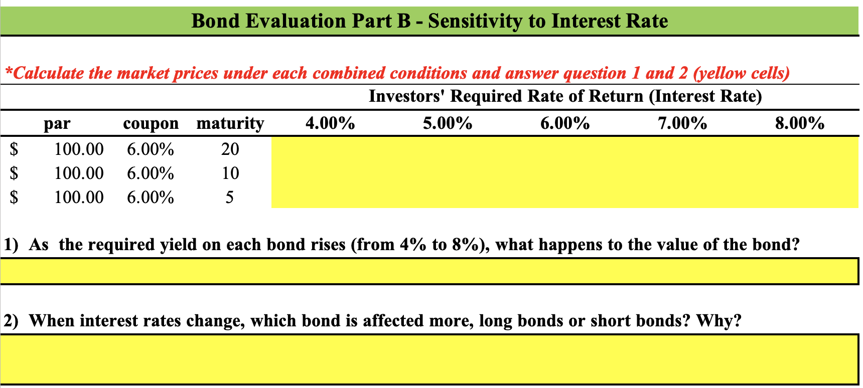 Solved Bond Evaluation Part B - Sensitivity to Interest Rate | Chegg.com
