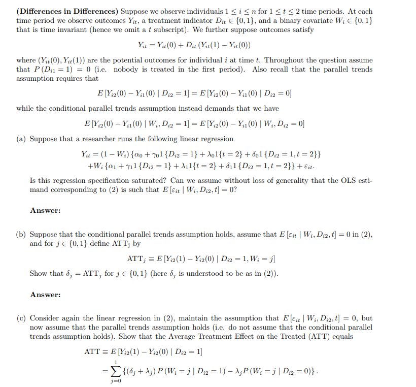 Solved (Differences in Differences) Suppose we observe | Chegg.com