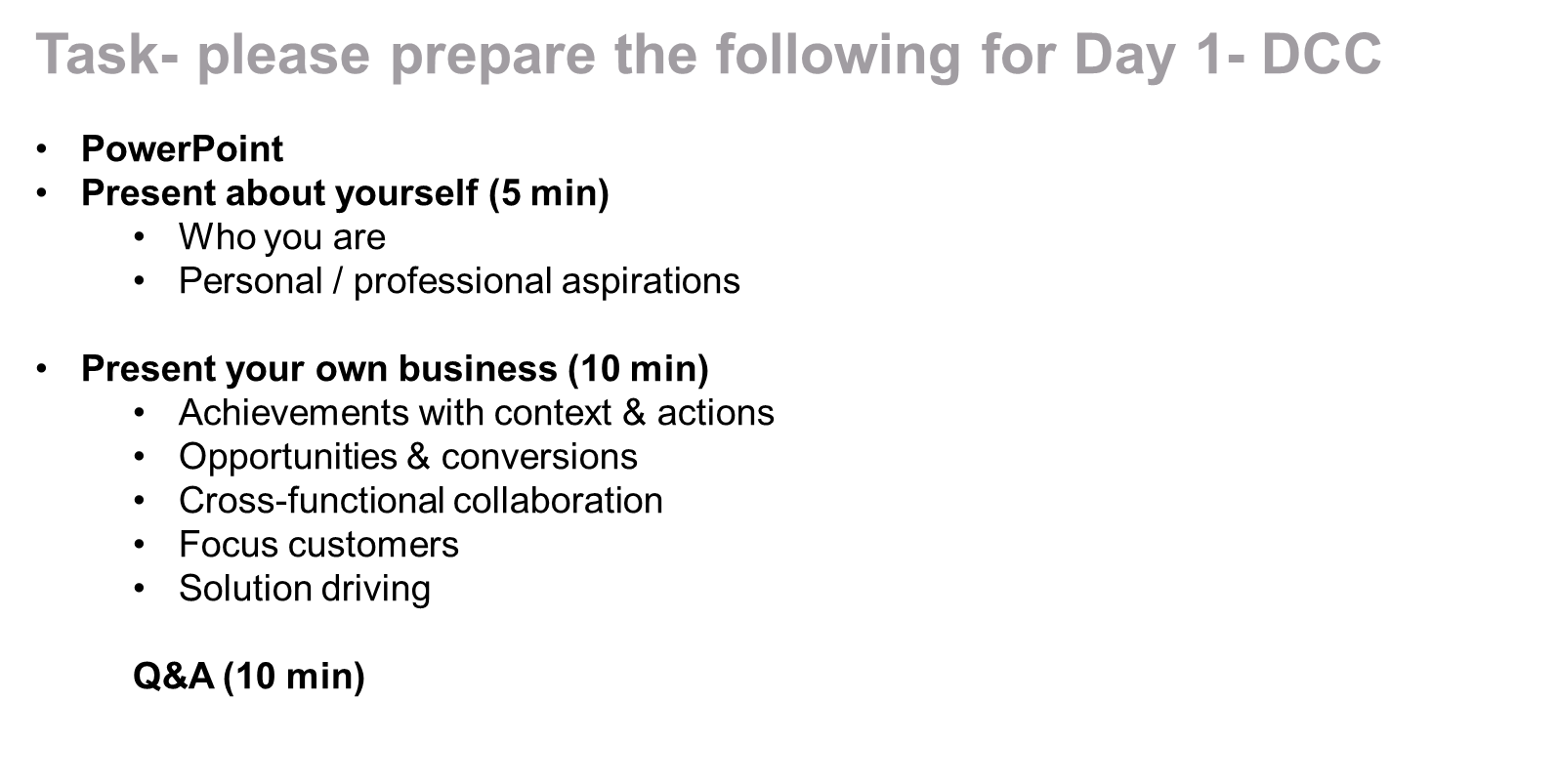 Task- please prepare the following for Day 1- DCC | Chegg.com