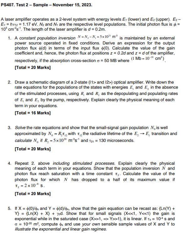 Solved PS407. ﻿Test 2 - ﻿Sample - ﻿November 15, 2023.A laser | Chegg.com