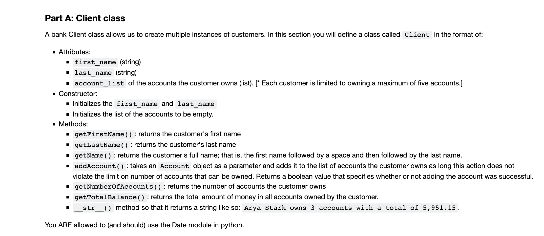Solved Part A: Client class A bank Client class allows us to | Chegg.com