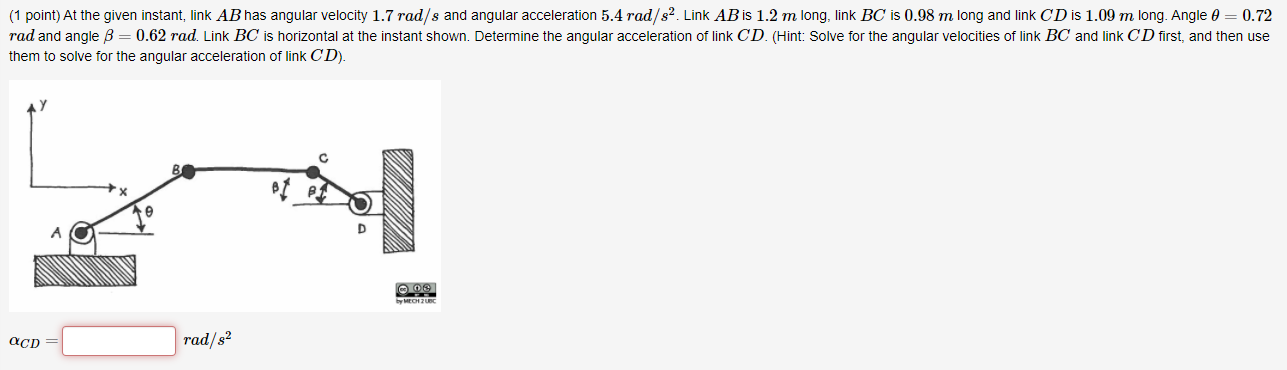 Solved (1 point) At the given instant, link AB has angular | Chegg.com
