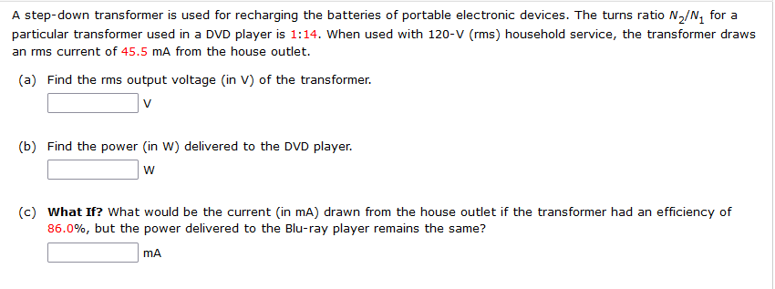 Solved A step-down transformer is used for recharging the | Chegg.com