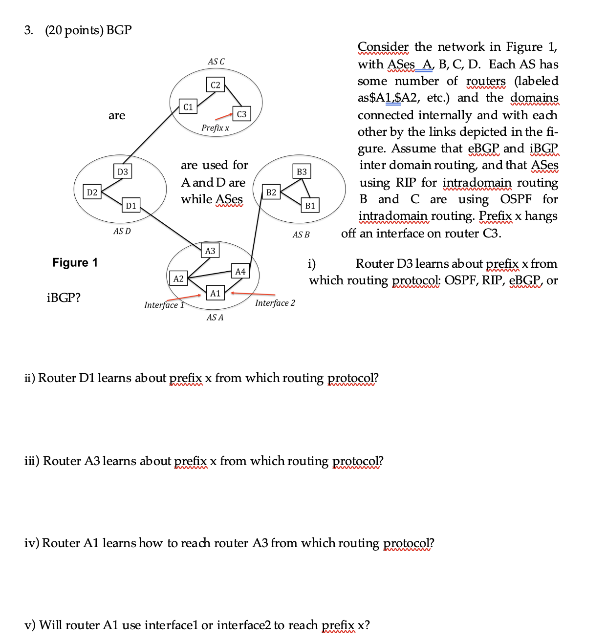 Solved 3. (20 points) BGP Consider the network in Figure 1, | Chegg.com