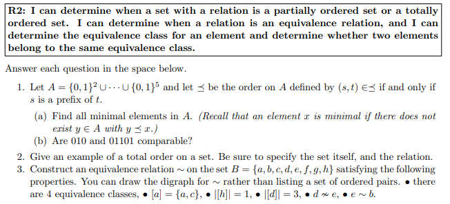 Solved R2: I can determine when a set with a relation is a | Chegg.com