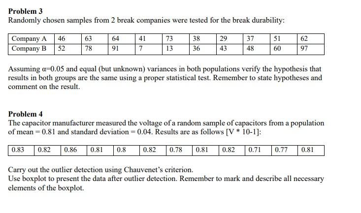 Solved Problem 3 Randomly chosen samples from 2 break | Chegg.com