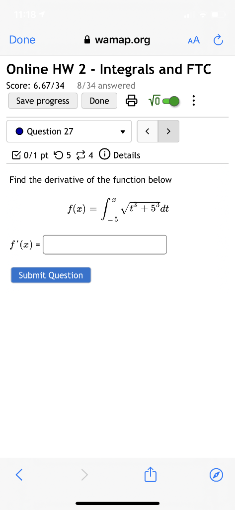 Solved Done wamap.org AA Online HW 2 - Integrals and FTC | Chegg.com