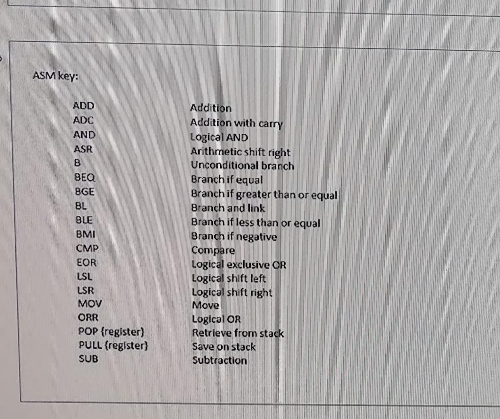 Solved ASM key: ADD ADC AND ASR B BEQ BGE BL BLE BMI CMP EOR | Chegg.com