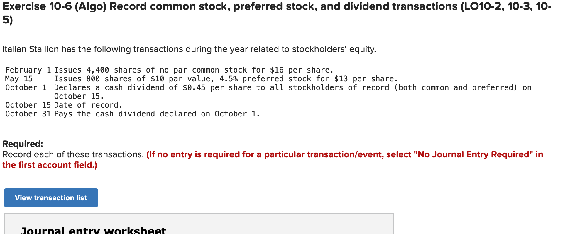 Solved Exercise 10-6 (Algo) Record common stock, preferred | Chegg.com