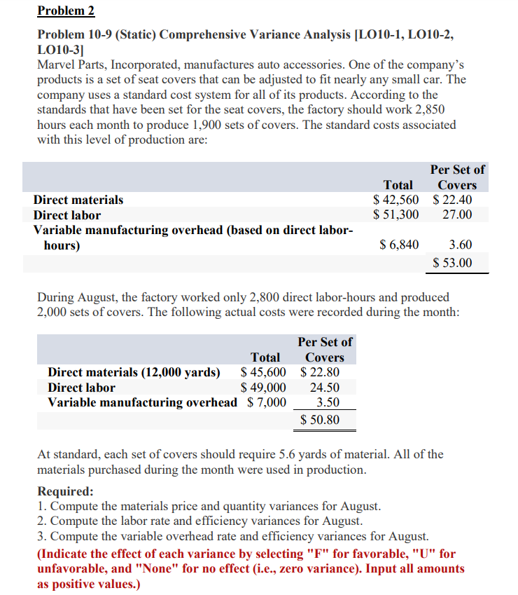 Solved Problem 10-9 (Static) Comprehensive Variance Analysis | Chegg.com