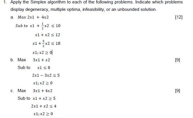 Solved 1. Apply the Simplex algorithm to each of the | Chegg.com