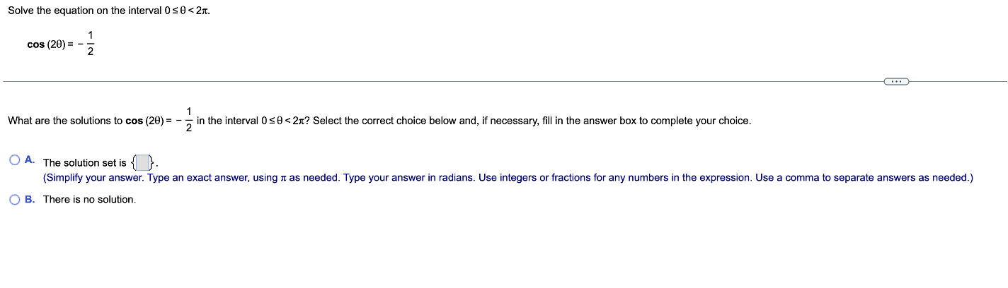 Solved cos 2 θ = ½ solve on interval 0 ≤ θ