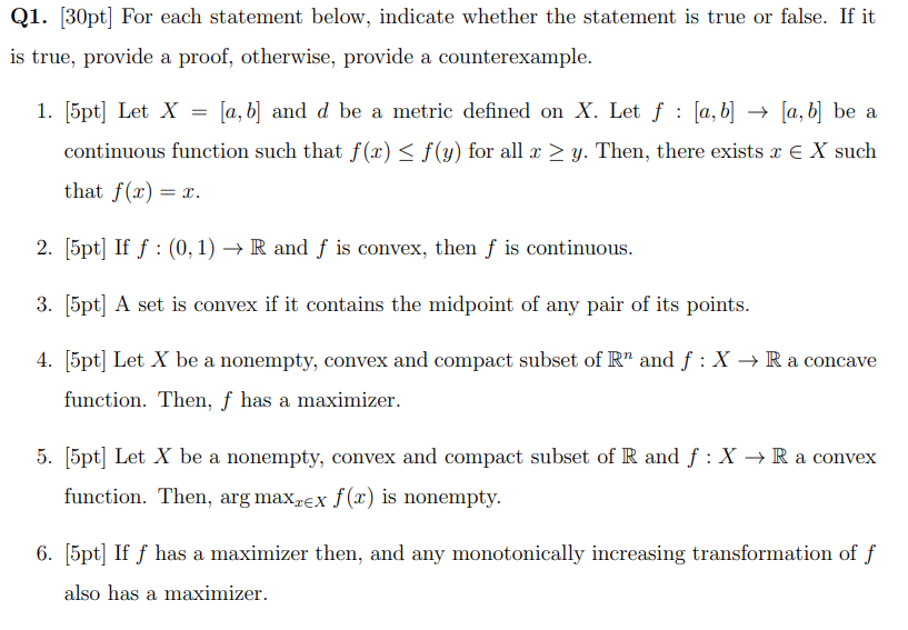 Solved Q1. [30pt] For each statement below, indicate whether | Chegg.com