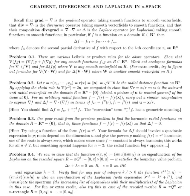 Solved GRADIENT, DIVERGENCE AND LAPLACIAN IN n-SPACE Recall | Chegg.com