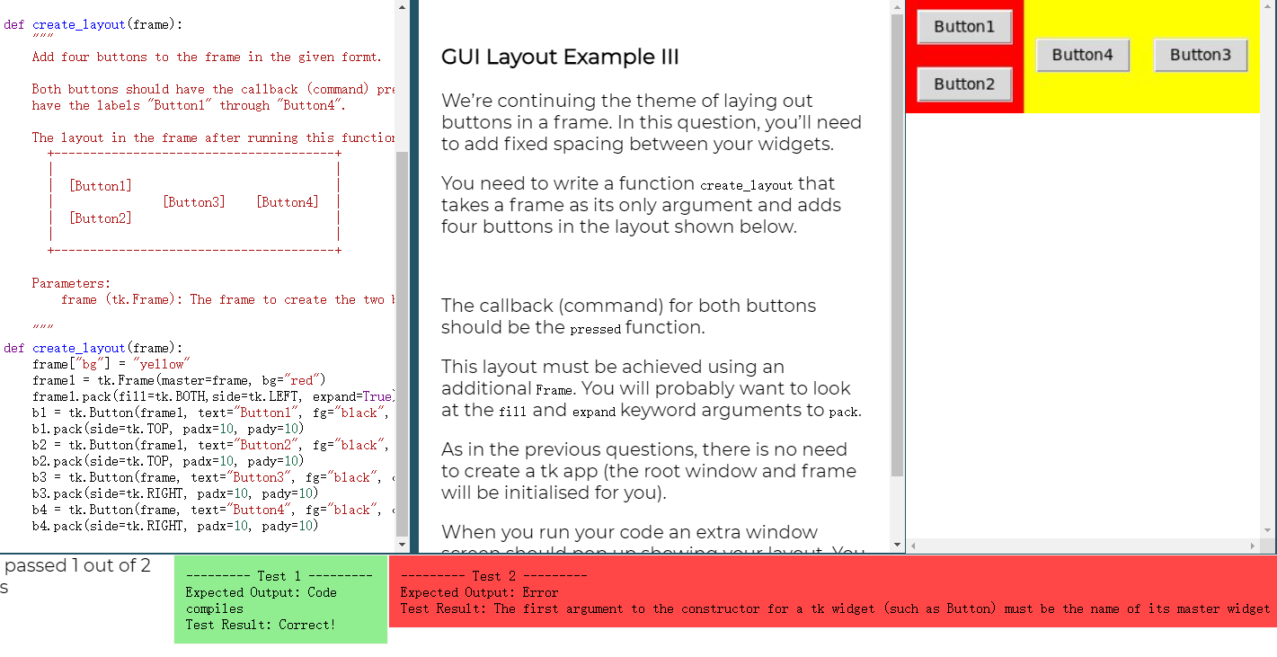 Solved def create_layout(frame): Button1 Add four buttons to | Chegg.com