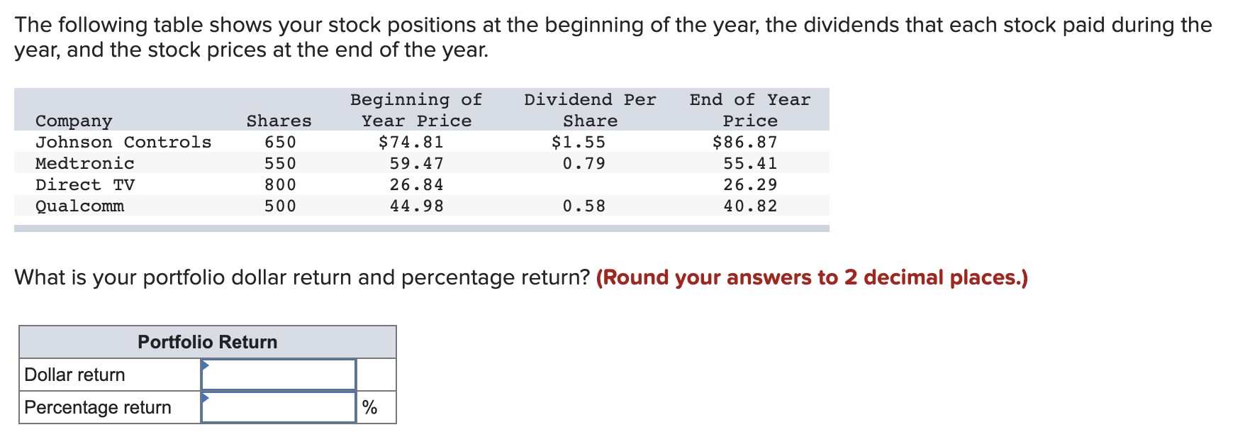 Solved The following table shows your stock positions at the | Chegg.com