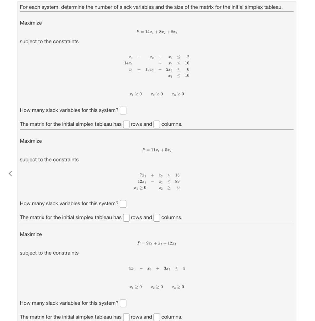 Solved For each system, determine the number of slack | Chegg.com