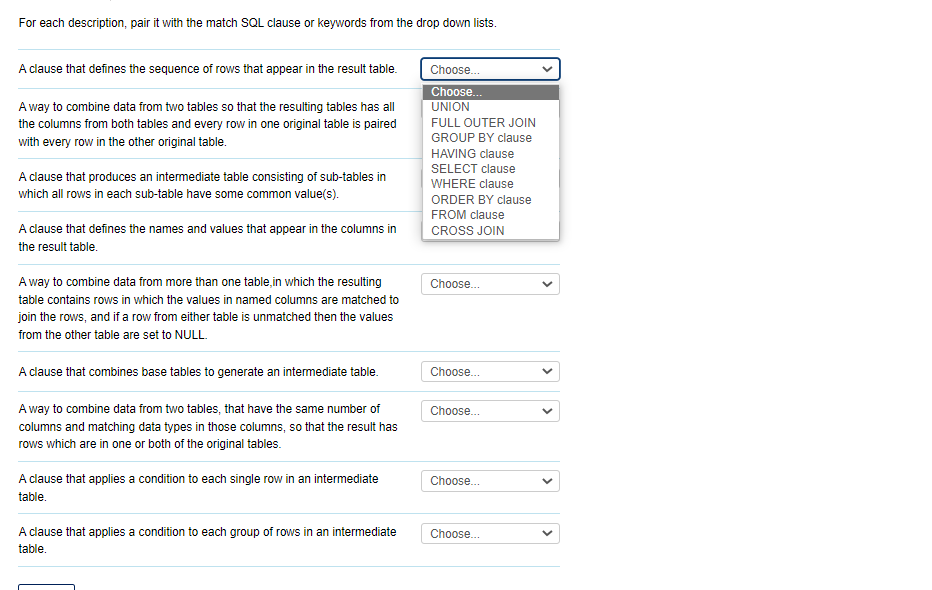 Solved For each description, pair it with the match SQL | Chegg.com