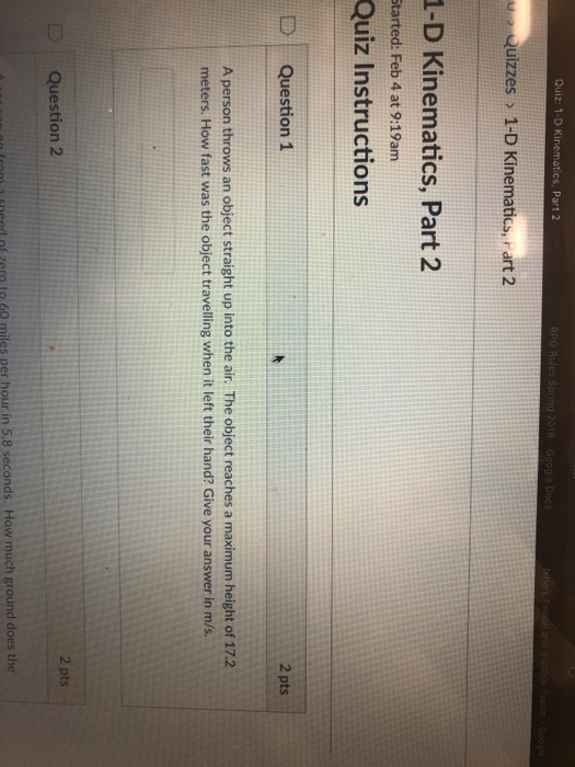 Solved Quiz: 1-D Kinematics, Part 2 uQuizzes > 1-D | Chegg.com