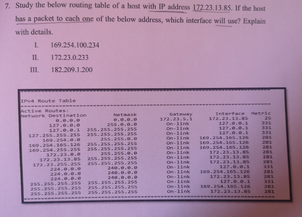 Solved 7. Study the below routing table of a host with IP | Chegg.com